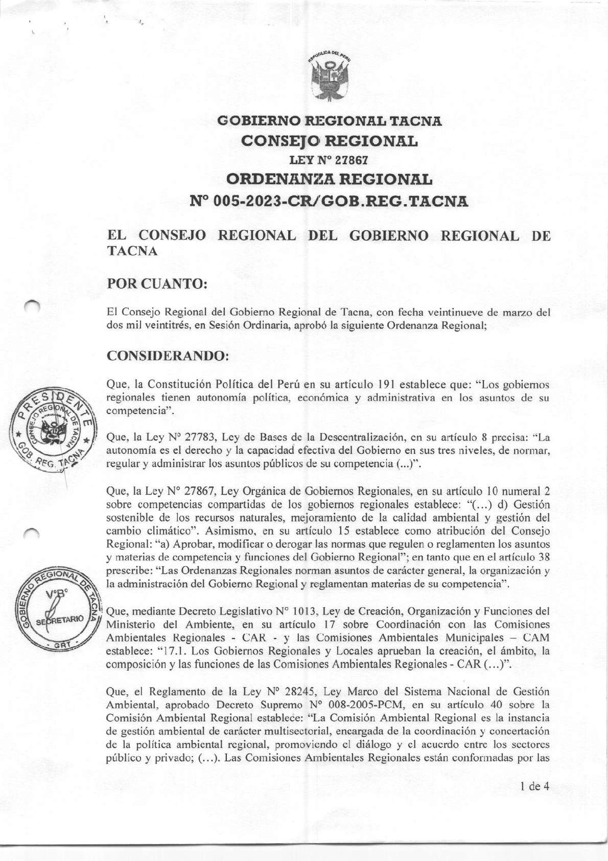 Ordenanza Regional que aprueba la actualización del reglamento interno de la Comisión Ambiental ...